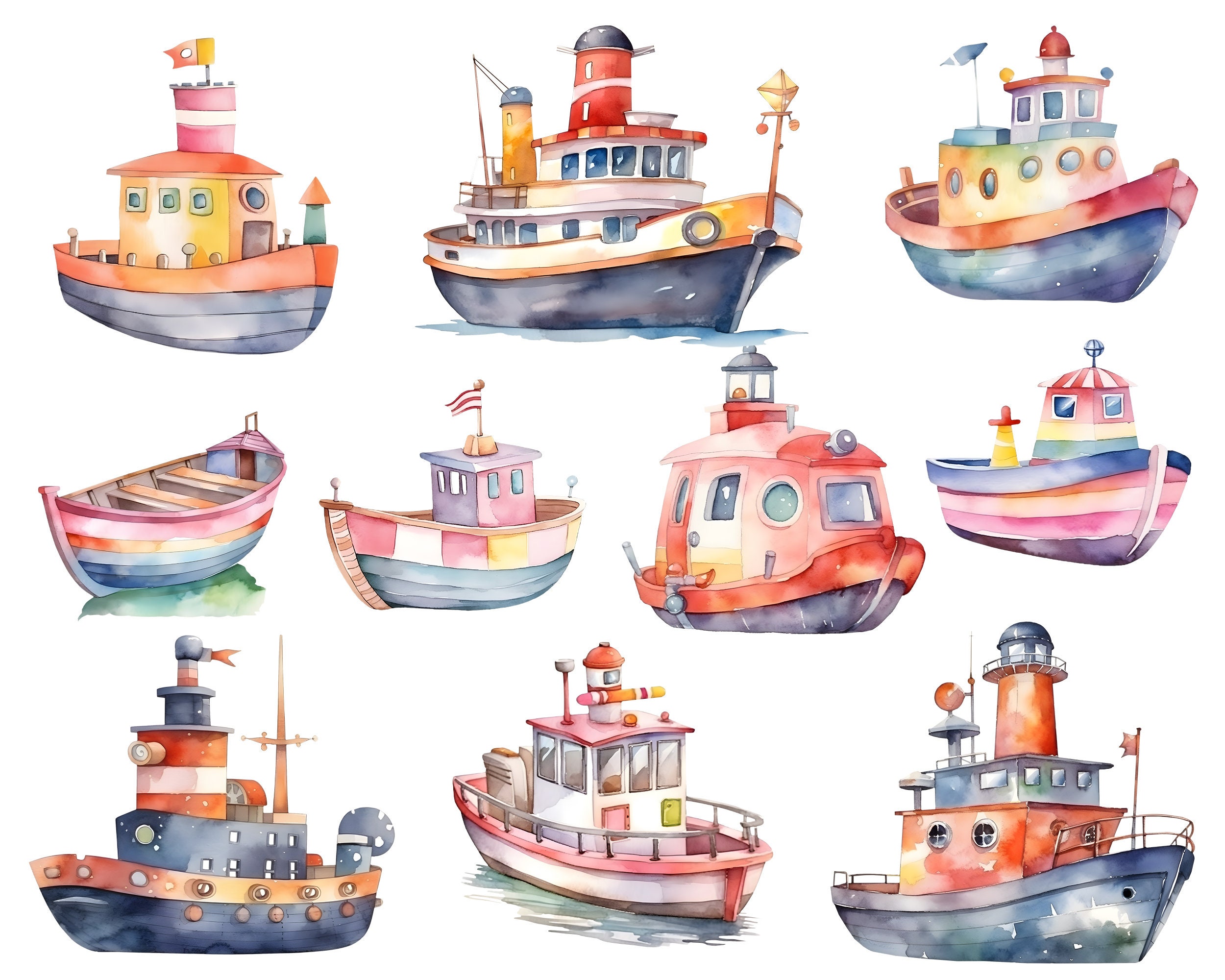 10 Watercolor Cute Water Vehicle Clipart, Aquarelle Drawing Cute Boat ...