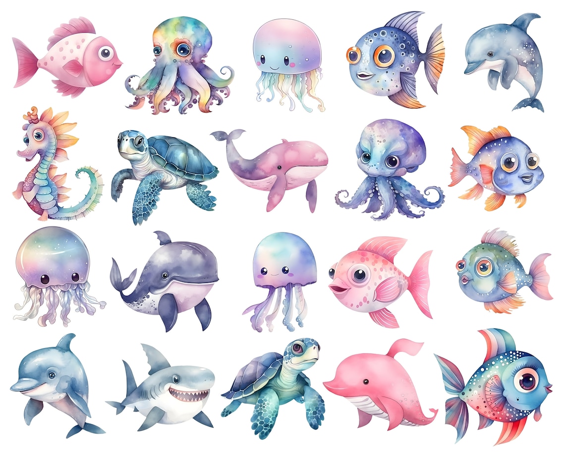 20 Watercolor Cute Sea Animal Clipart, Aquarelle Sea Shark Dolphin ...