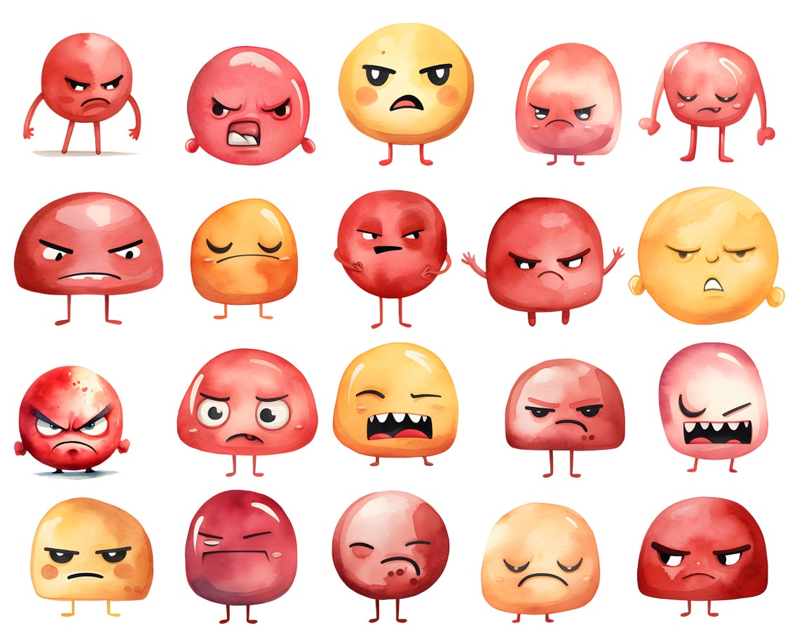 20 Watercolor Angry Emoji Clipart, Aquarelle Negative Emotions Angry ...