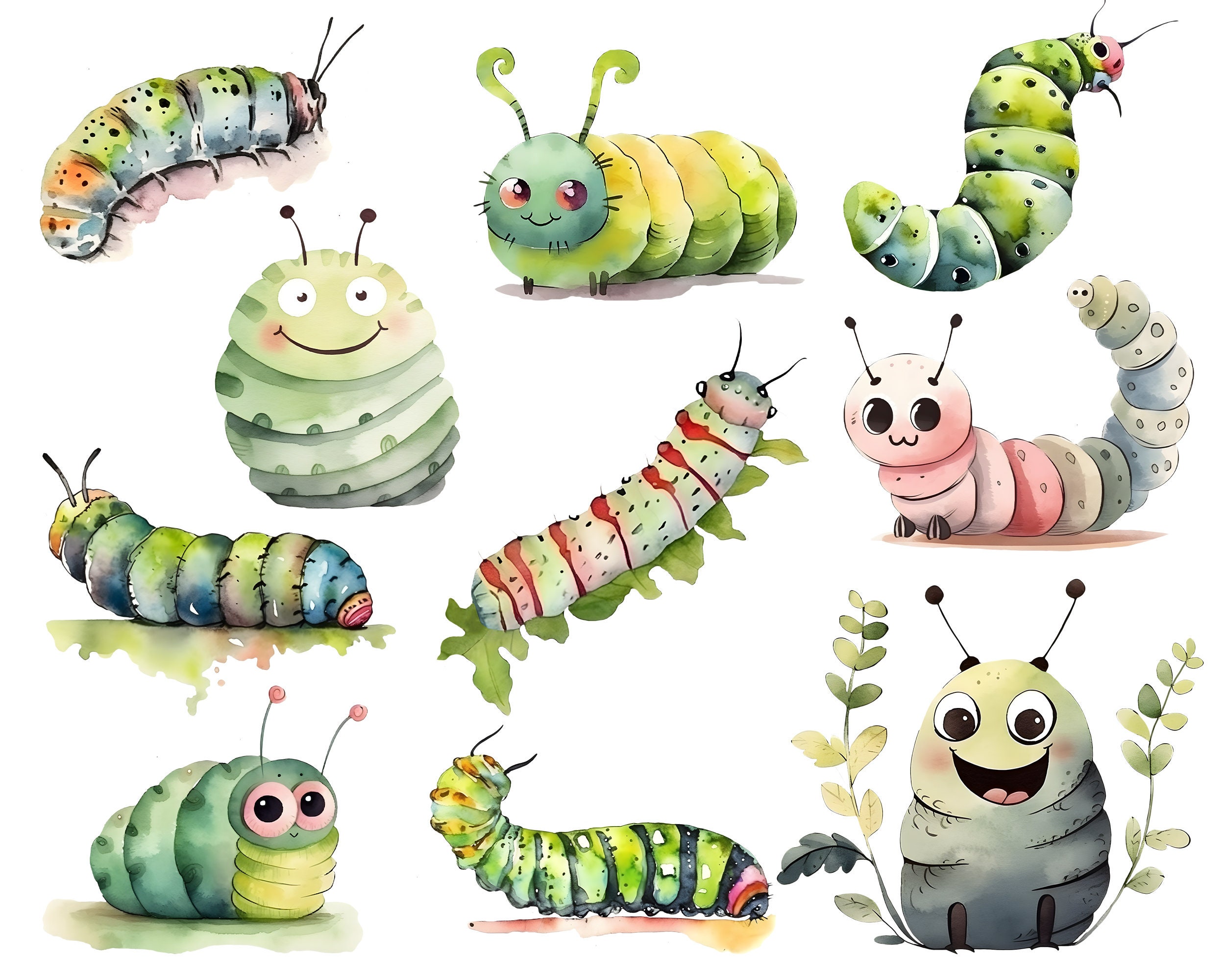 10 Watercolor Caterpillars Clipart, Aquarelle Caterpillars Clipart ...