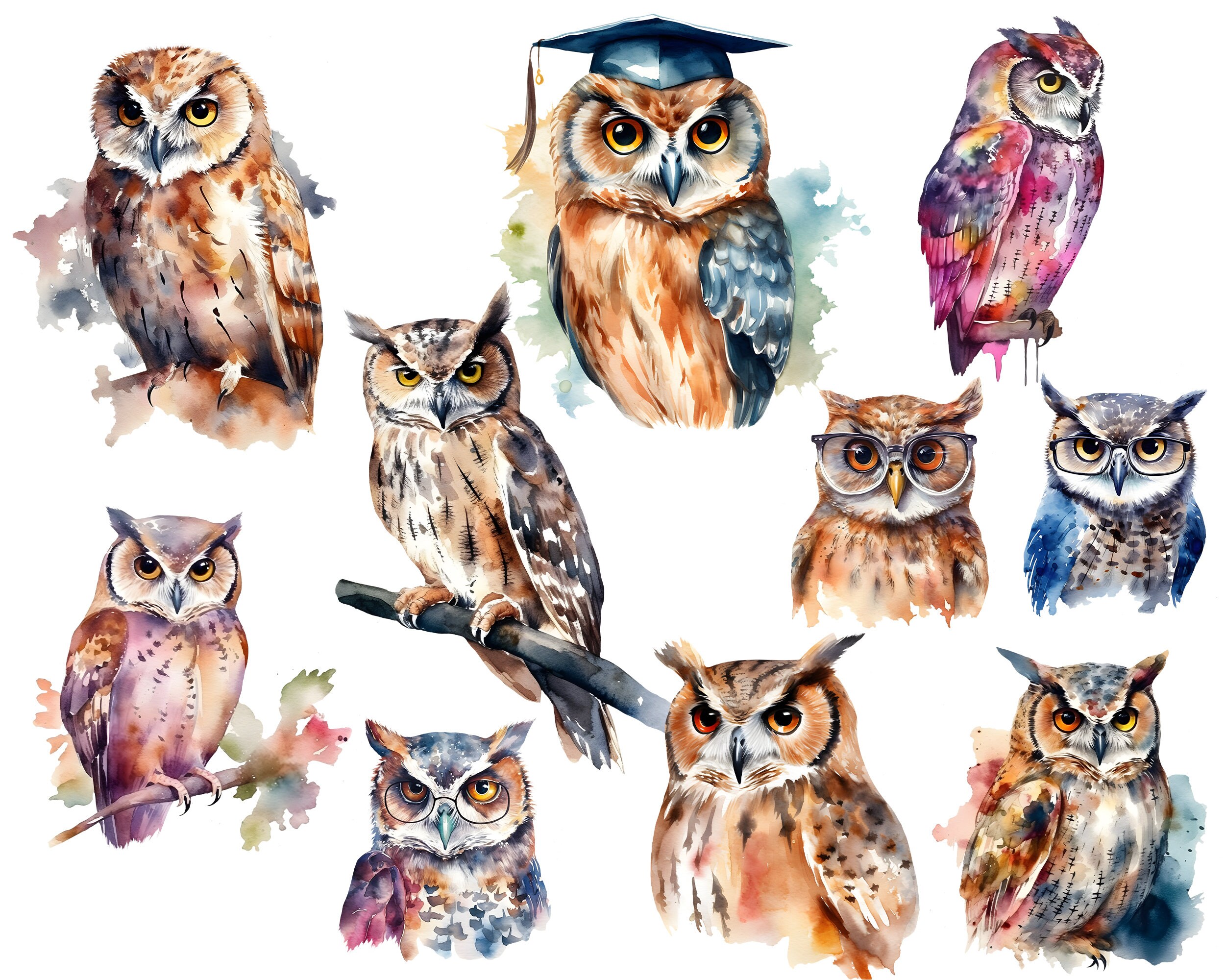 10 Watercolor Owl Clipart Aquarelle Owl Clipart Nature - Etsy