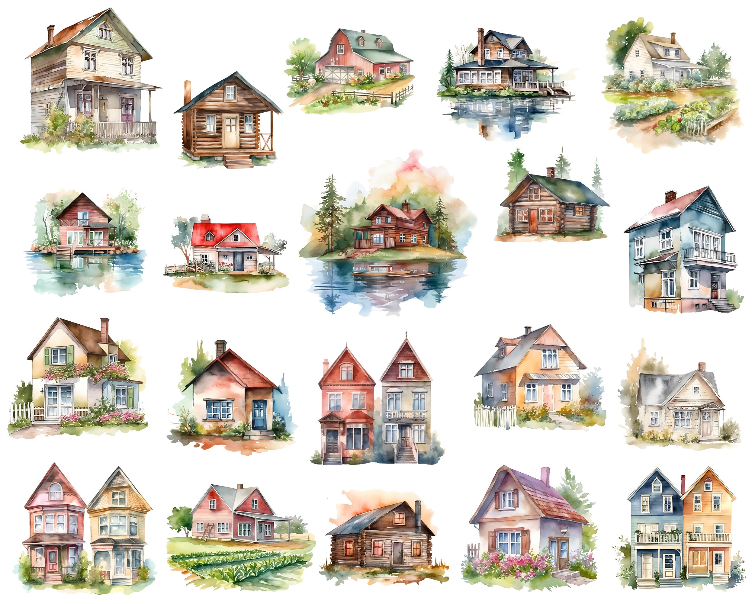 20 Watercolor House Clipart, Aquarelle House Clipart, Farm House, Lake ...