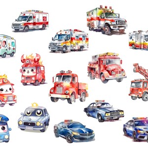 15 Watercolor Emergency Vehicle Clipart, Aquarelle First Responder ...