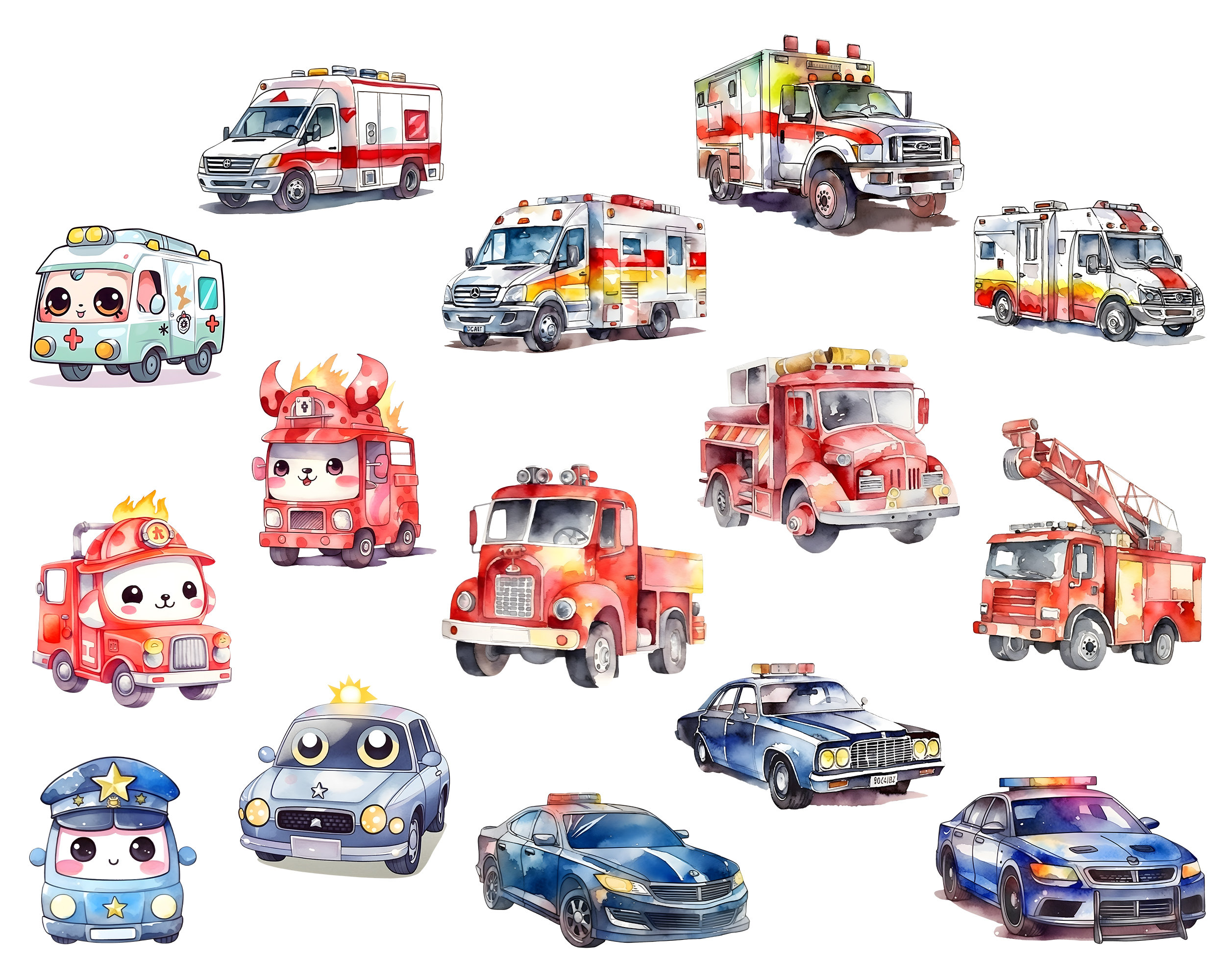 15 Watercolor Emergency Vehicle Clipart, Aquarelle First Responder ...