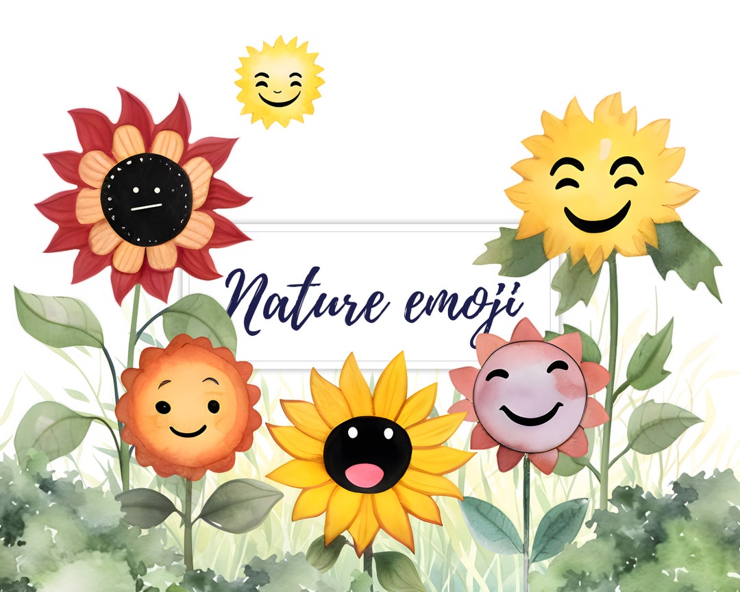 25 Watercolor Nature Emoji Clipart, Aquarelle Drawing Smiling Flower ...