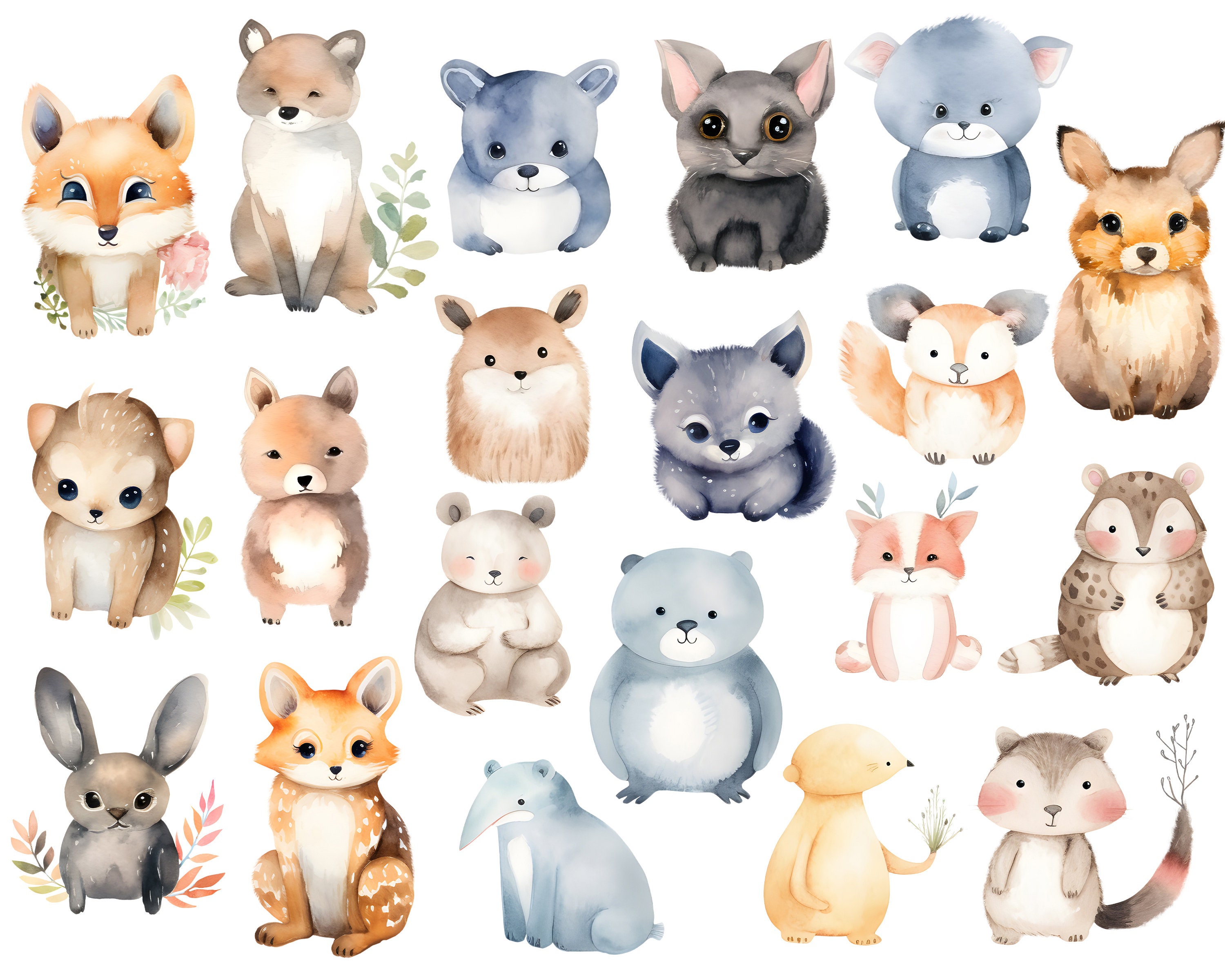 20 Cute Watercolor Animal Clipart, Aquarelle Animal Clipart PNG, T ...