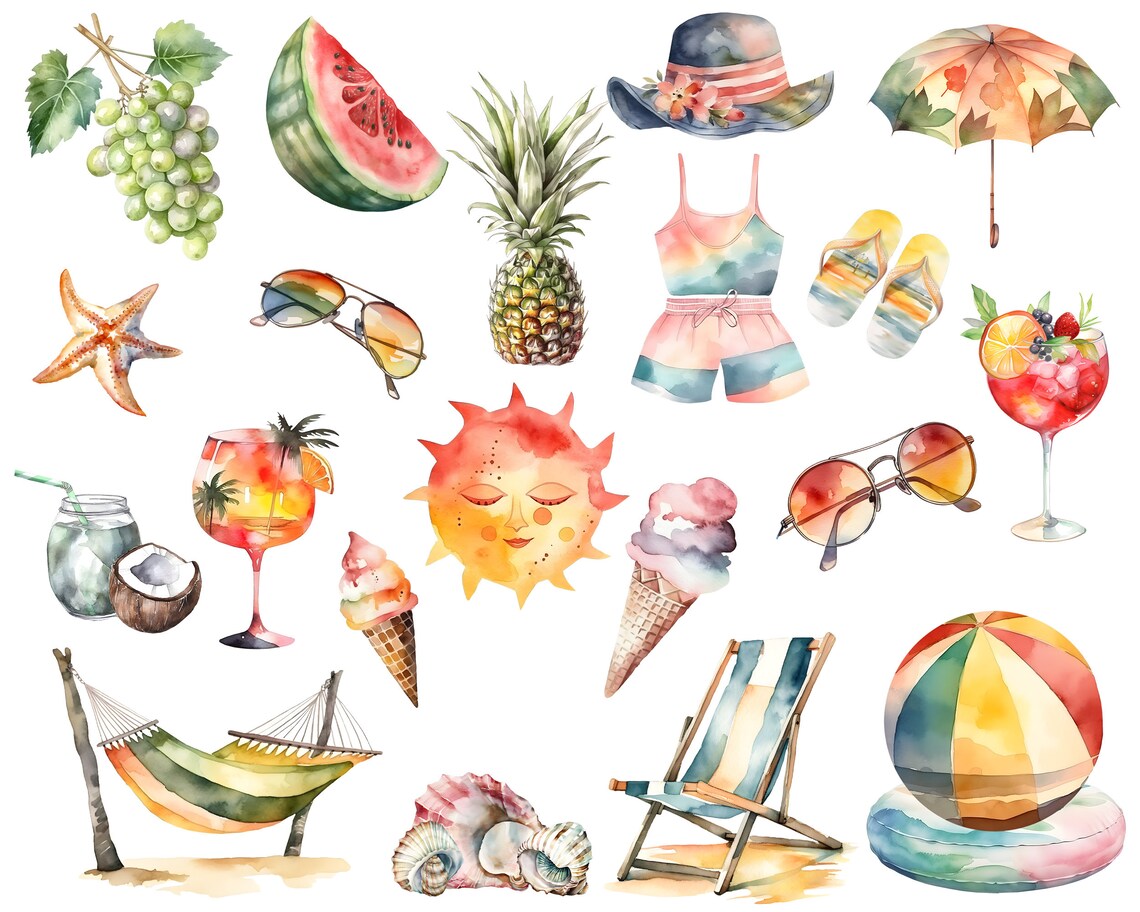 25 Watercolor Summer Clipart, Beach Clipart, Aquarelle Summer Clipart ...