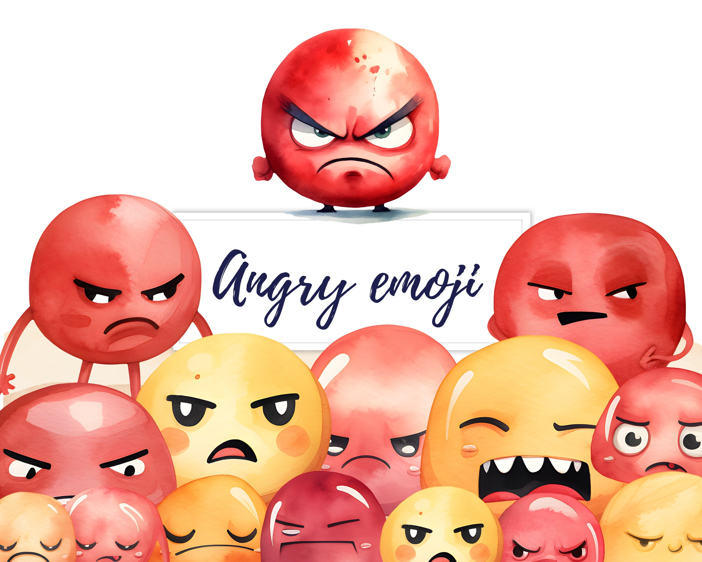 20 Watercolor Angry Emoji Clipart, Aquarelle Negative Emotions Angry ...