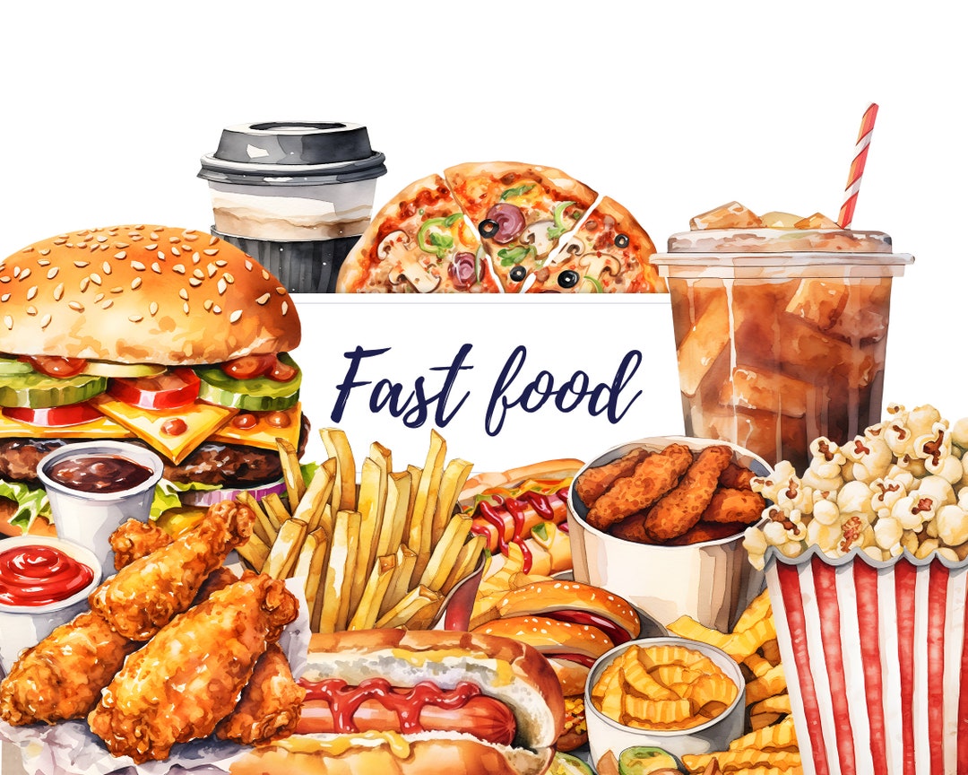 25 Watercolor Fast Food Clipart, Aquarelle Soda Drink Burger Fries ...