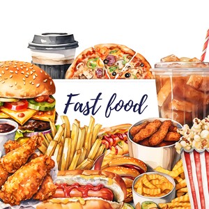 25 Watercolor Fast Food Clipart, Aquarelle Soda Drink Burger Fries ...