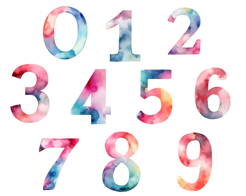 10 Watercolor Number 0-9 Clipart, Aquarelle Drawing Cute Math Number ...