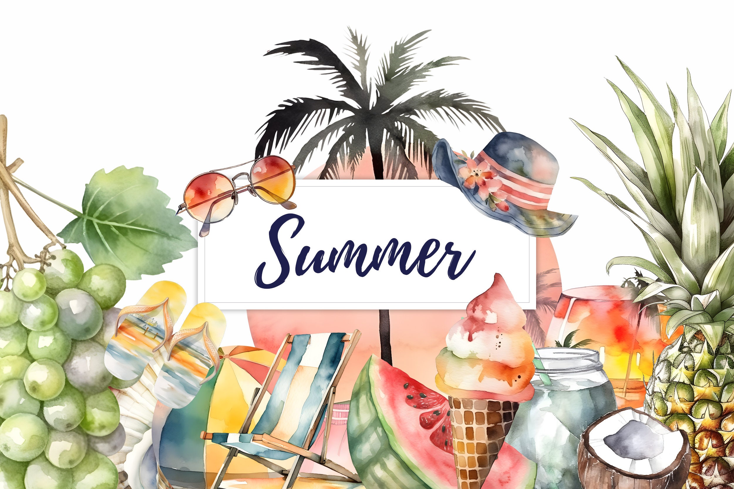 25 Watercolor Summer Clipart, Beach Clipart, Aquarelle Summer Clipart ...