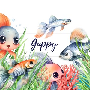 10 Watercolor Guppy Clipart, Aquarelle Drawing Sea River Fish Clipart ...