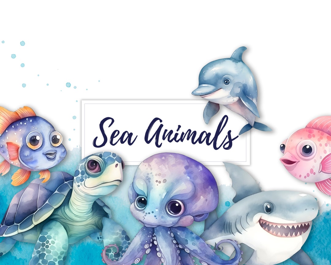 20 Watercolor Cute Sea Animal Clipart, Aquarelle Sea Shark Dolphin ...