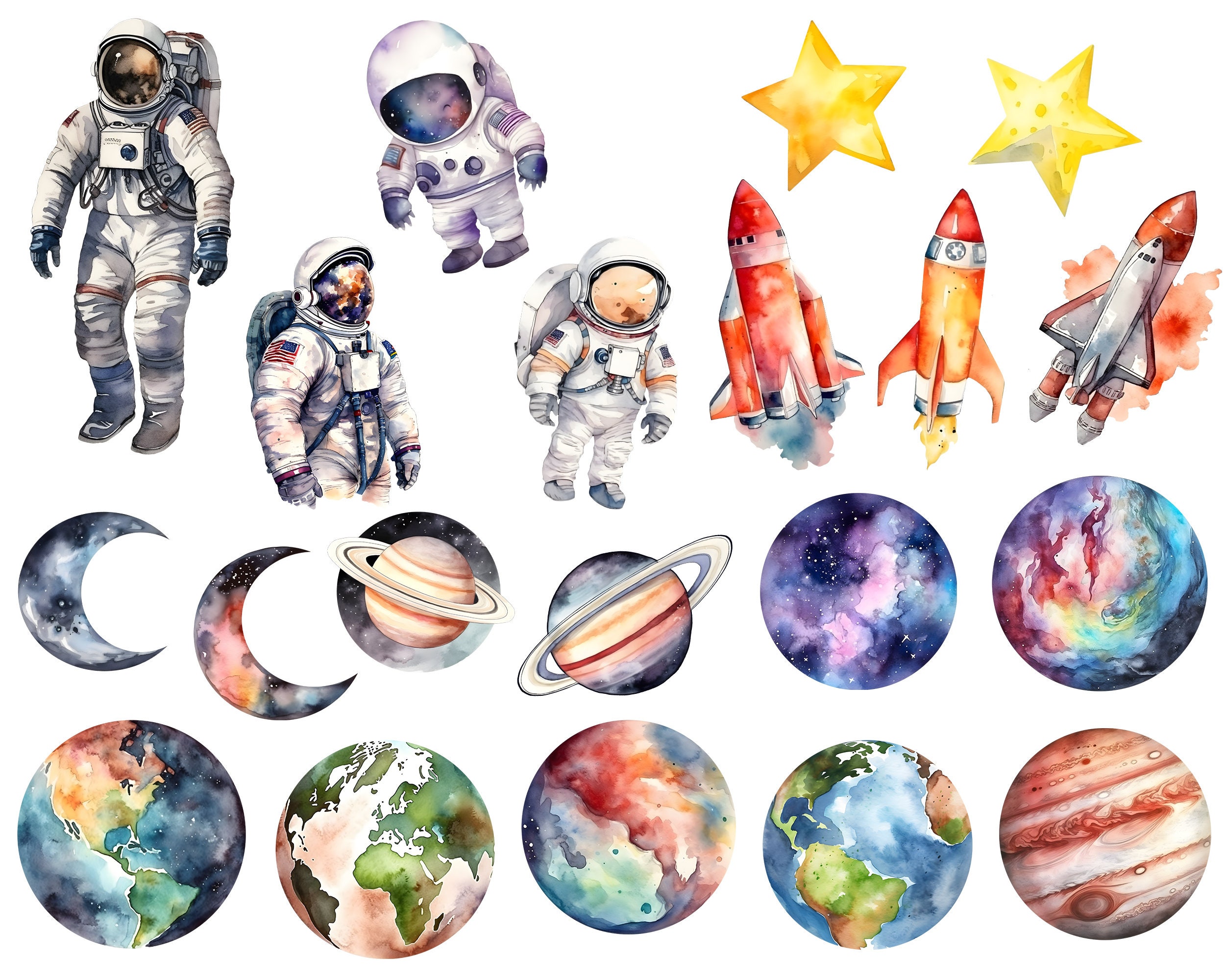 20 Watercolor Space Astronaut Clipart, Aquarelle Drawing Moon Planet ...