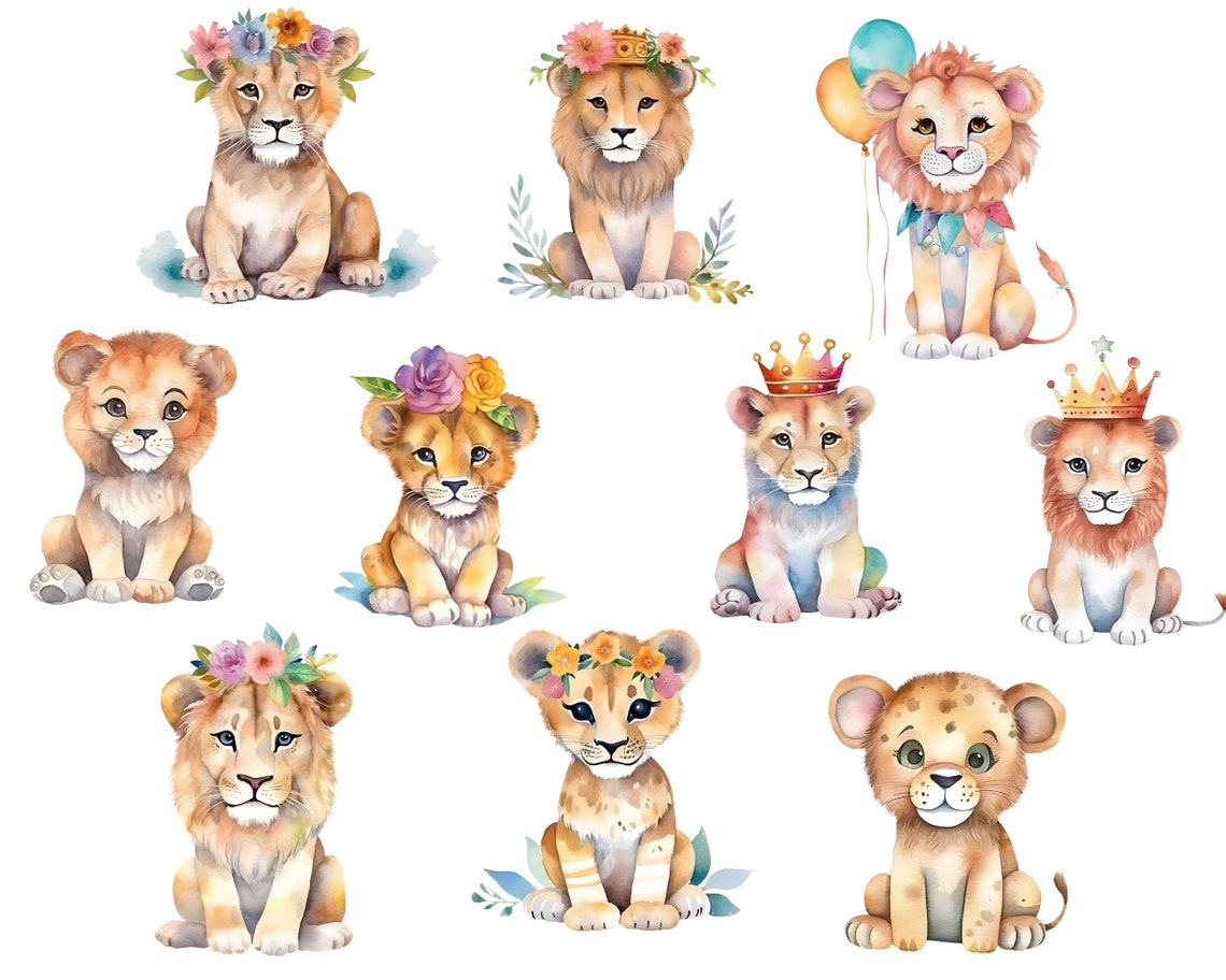 10 Watercolor Cute Lion Clipart, Aquarelle Cat Lion Cub Clipart ...
