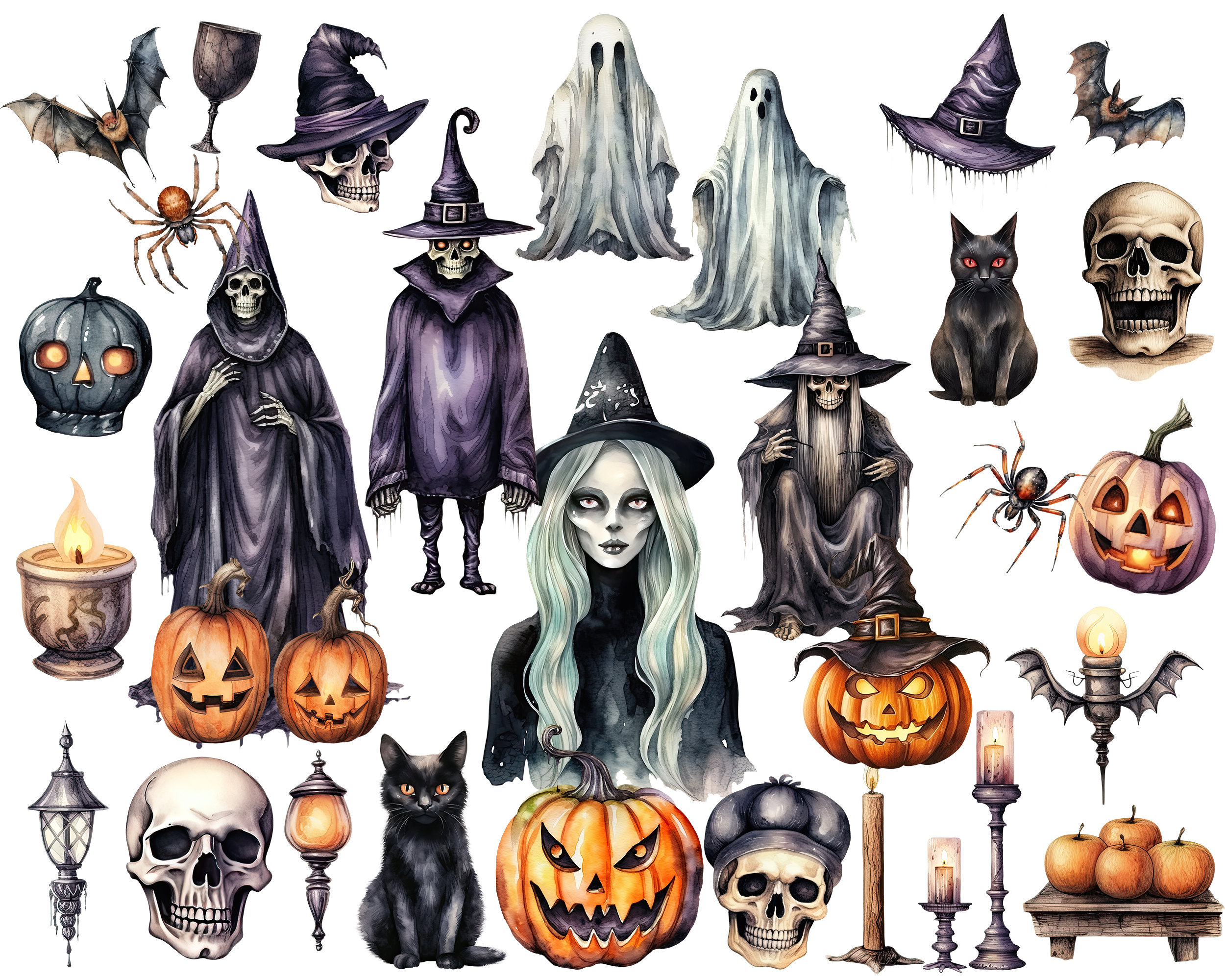 30 Watercolor Spooky Halloween Clipart Aquarelle Autumn Fall - Etsy