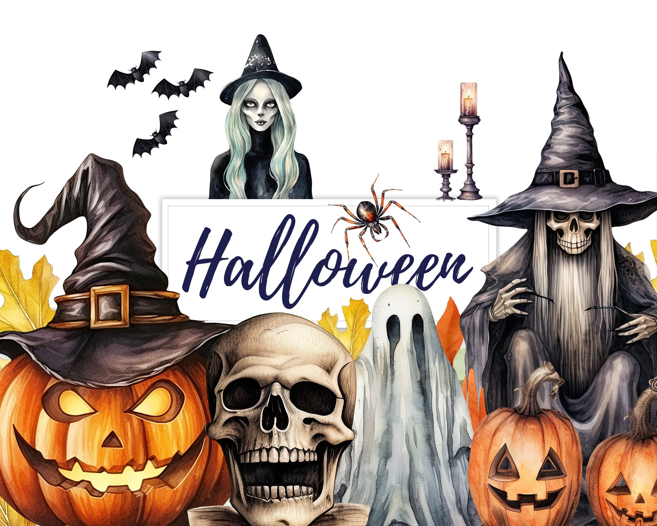30 Watercolor Spooky Halloween Clipart Aquarelle Autumn Fall - Etsy