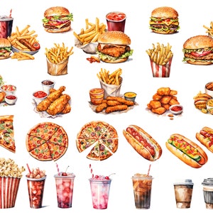 25 Watercolor Fast Food Clipart, Aquarelle Soda Drink Burger Fries ...