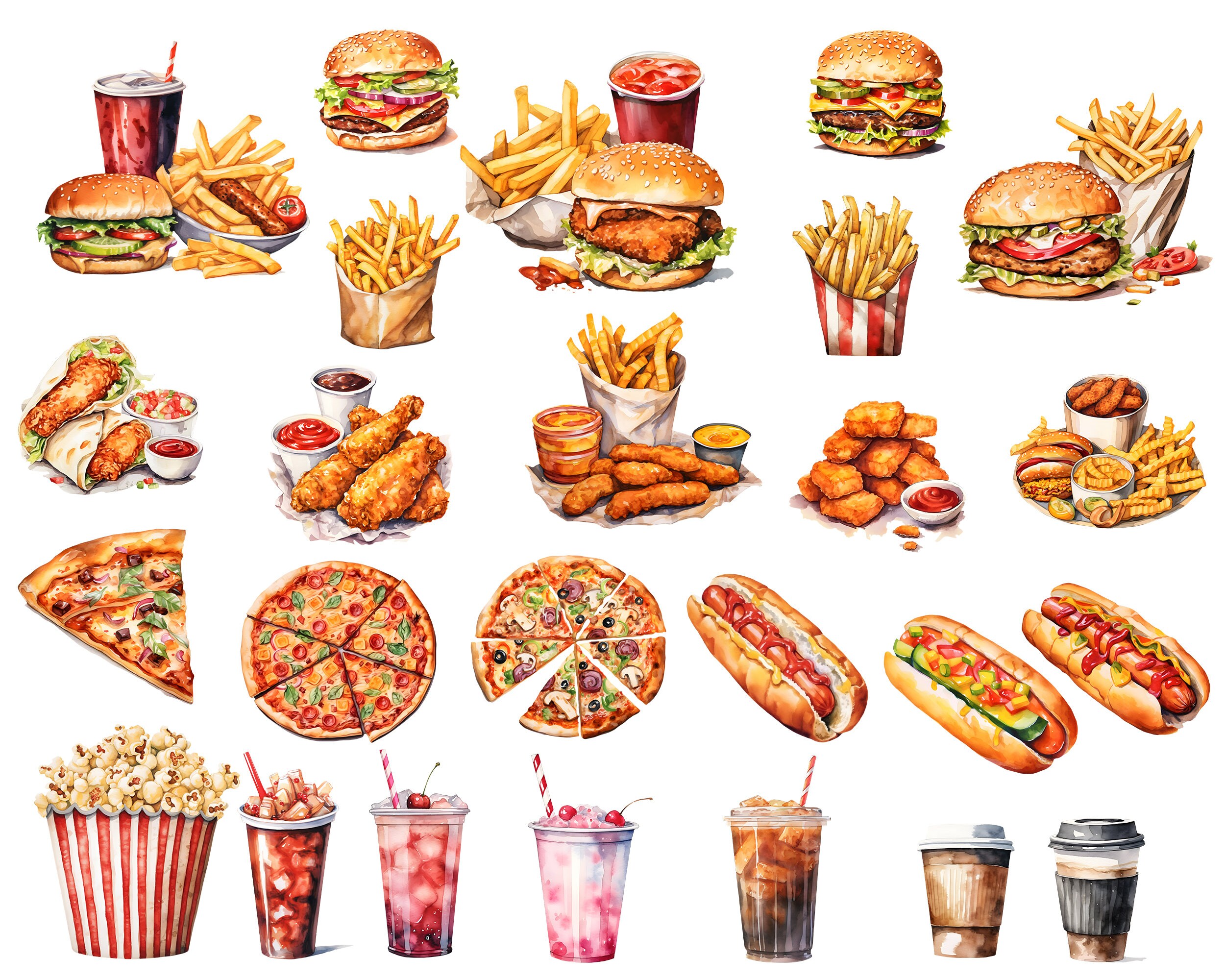 25 Watercolor Fast Food Clipart Aquarelle Soda Drink Burger - Etsy