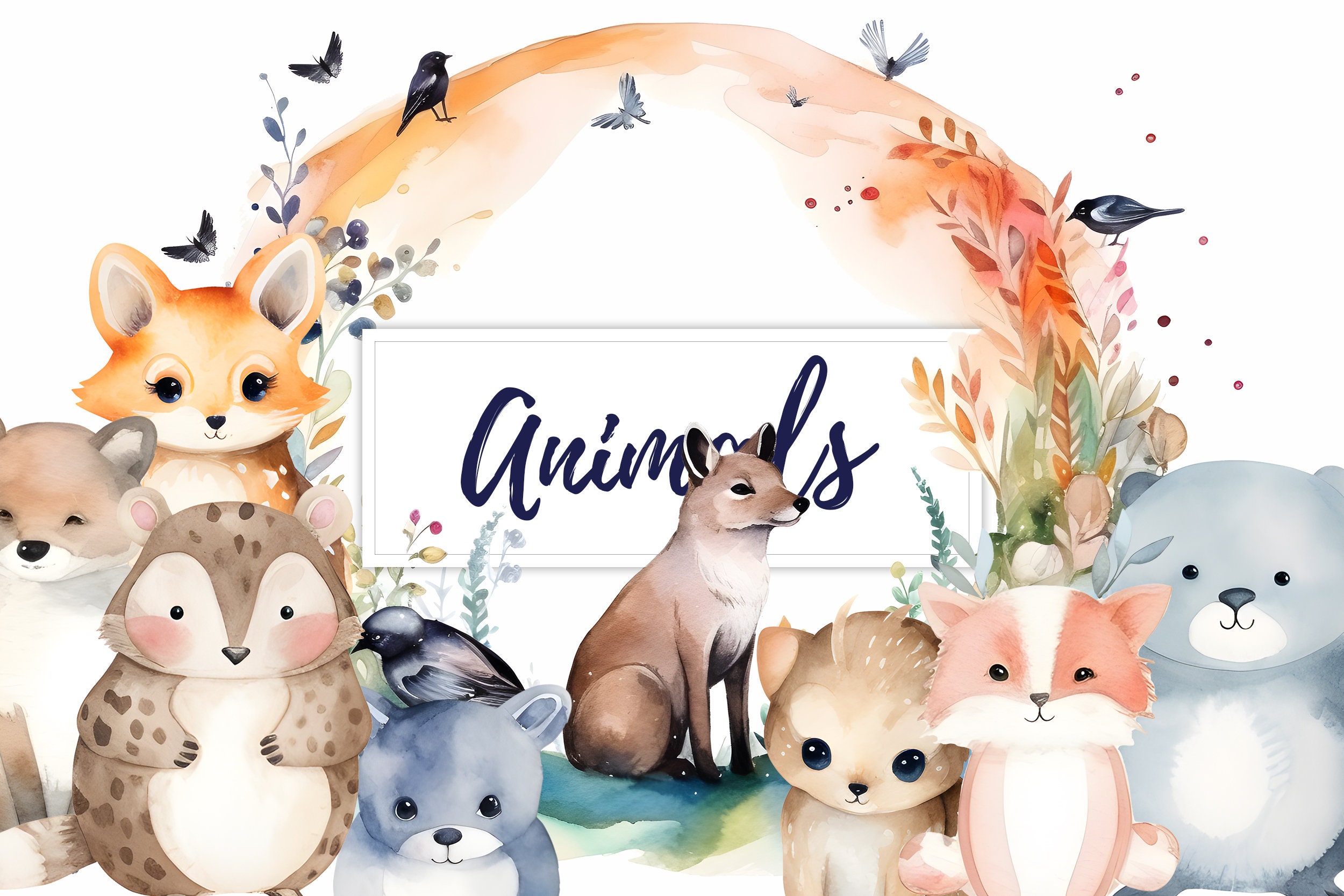 20 Cute Watercolor Animal Clipart, Aquarelle Animal Clipart PNG, T ...