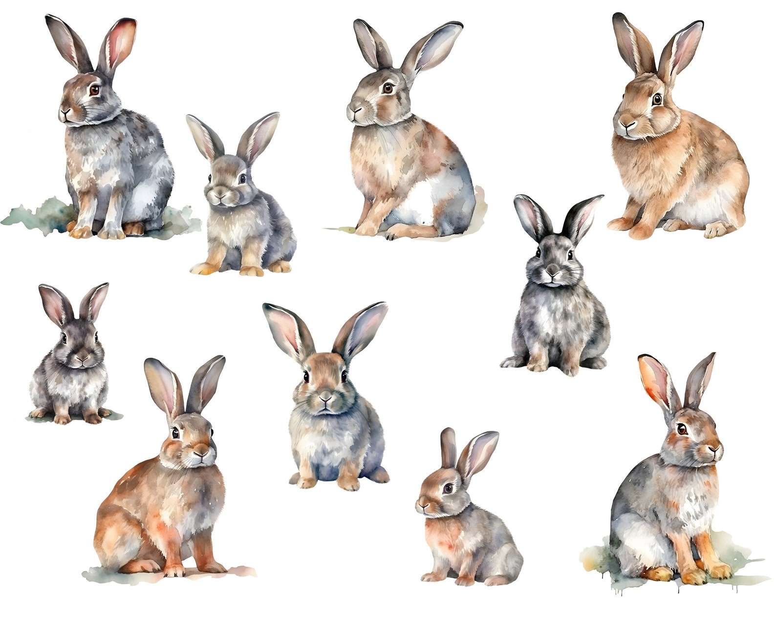 10 Watercolor Rabbit Clipart, Aquarelle Drawing Rabbit Clipart, Farm ...