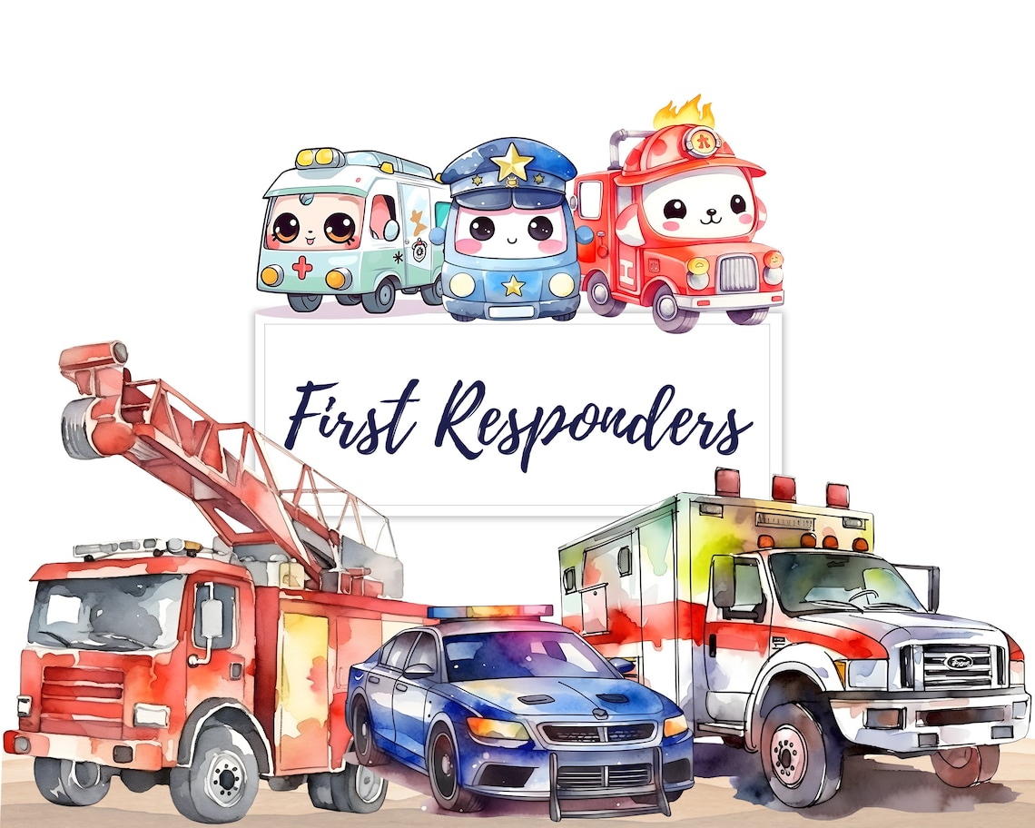 15 Watercolor Emergency Vehicle Clipart, Aquarelle First Responder ...