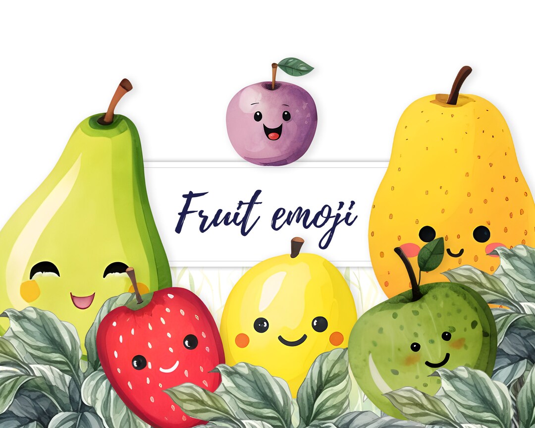 25 Watercolor Fruit Emoji Clipart, Aquarelle Drawing Smiling Fruit ...
