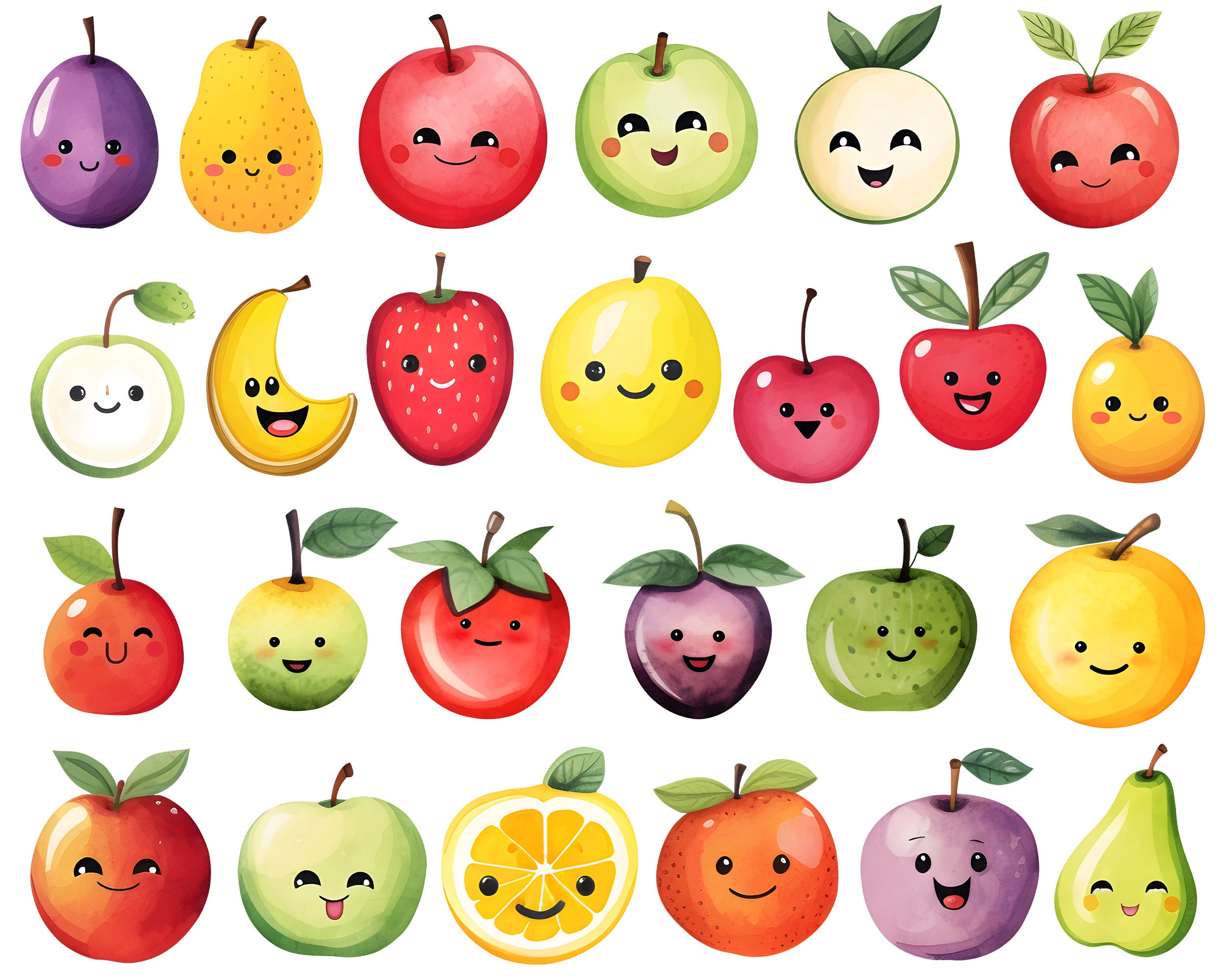 25 Watercolor Fruit Emoji Clipart, Aquarelle Drawing Smiling Fruit ...