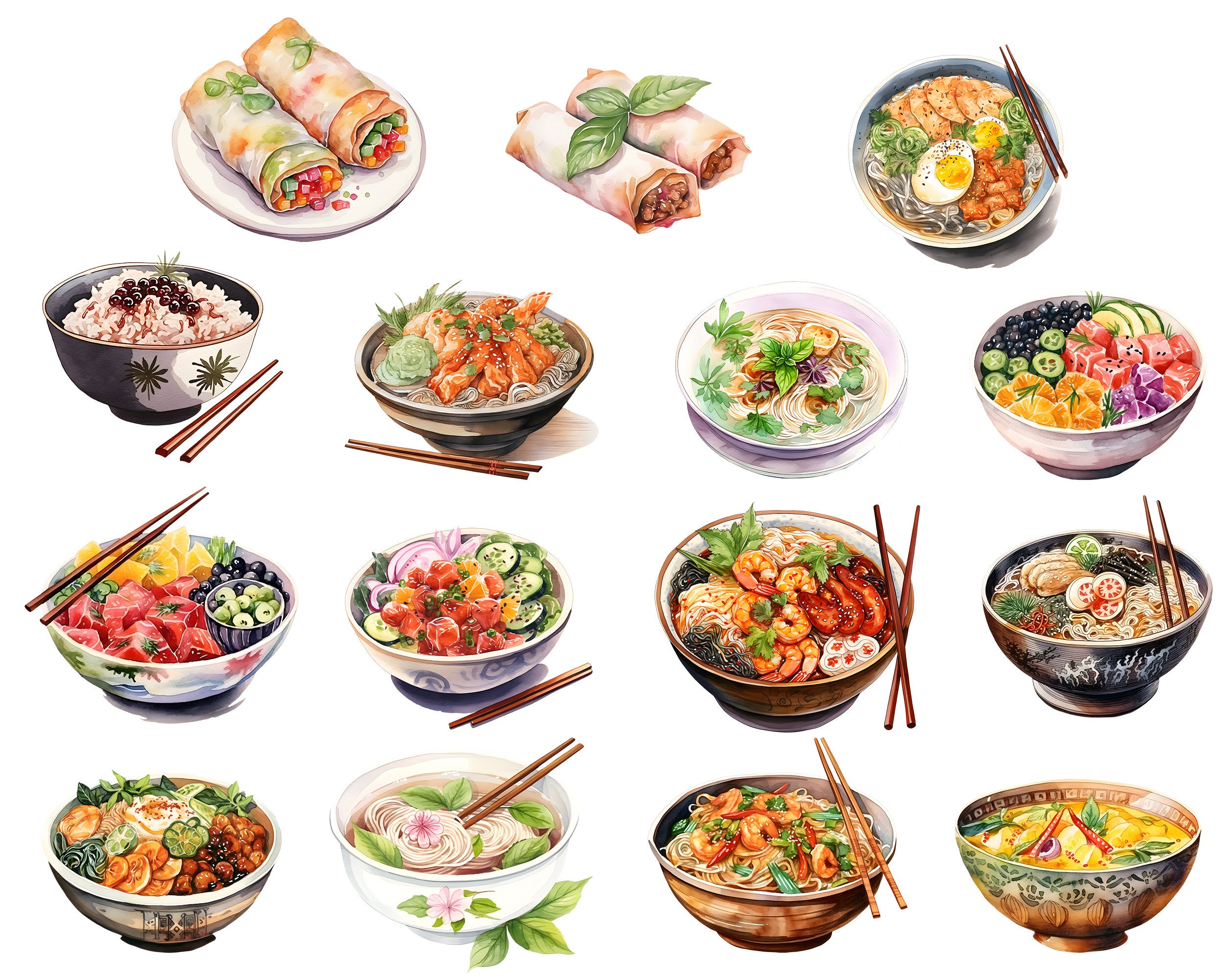 15 Watercolor Asian Food Clipart Aquarelle Drawing Asian Food - Etsy