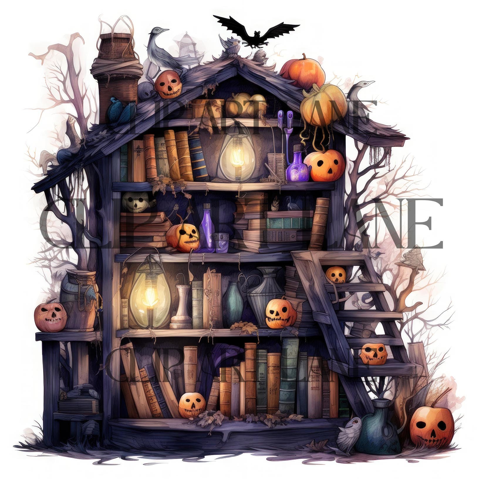 Spooky Bookshelf Halloween Clipart 12 High Quality JPG Library - Etsy
