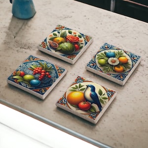 Spanish Talavera Tile Stone and Wood Coaster Set, Moroccan Tile Coaster ...