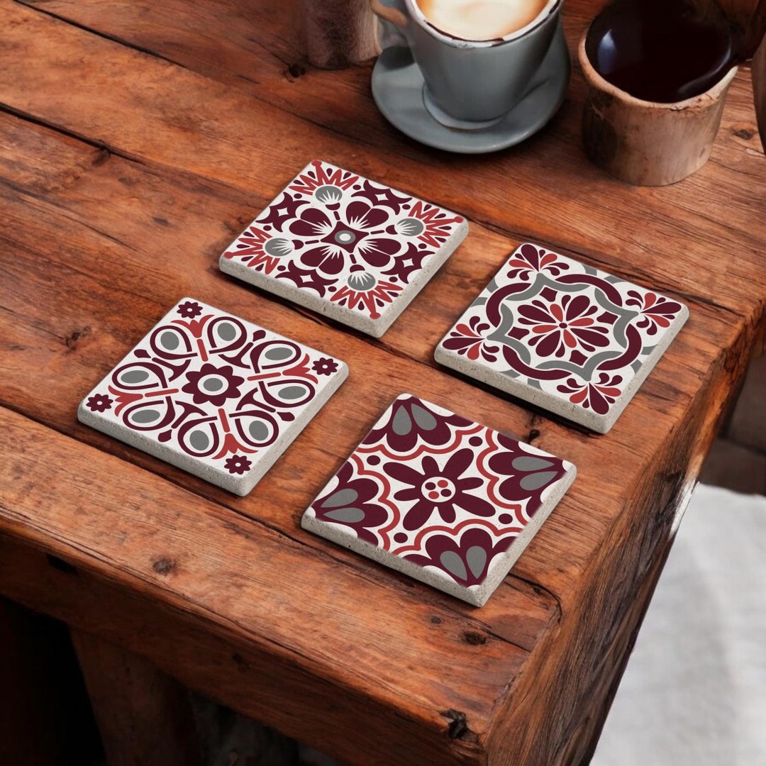 Maroon Mediterranean Tile Stone Coaster, Mexican Talavera Tile ...
