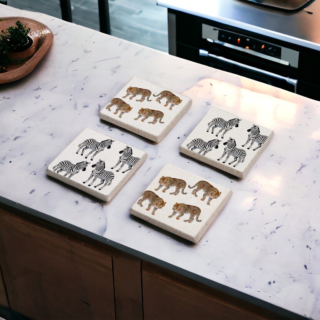 Tiger Stone Coaster Set, Tiger and Zebra Wood Coasters, Wild Animals ...