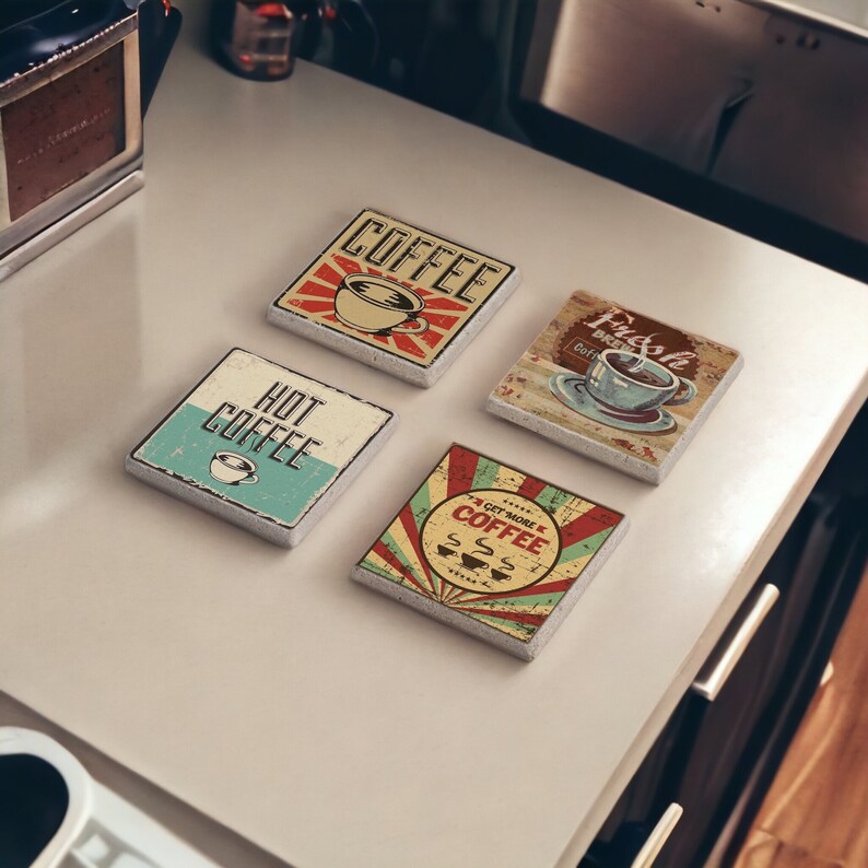 Coffee Stone Coasters, Retro Coffee Coasters Set of 4, Coffee Lover ...
