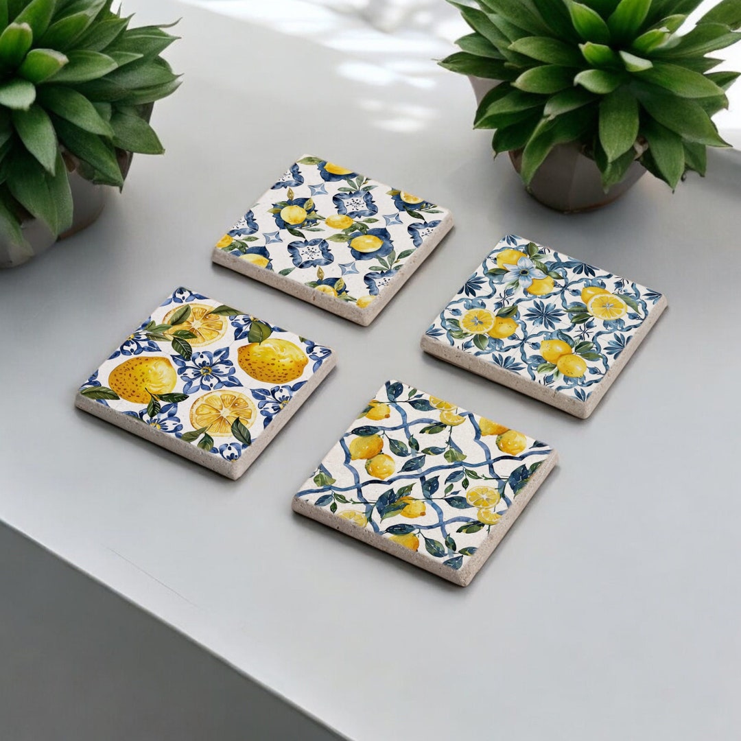 Mediterranean Lemon Tile, Watercolor Lemon Stone Coasters, Lemon ...