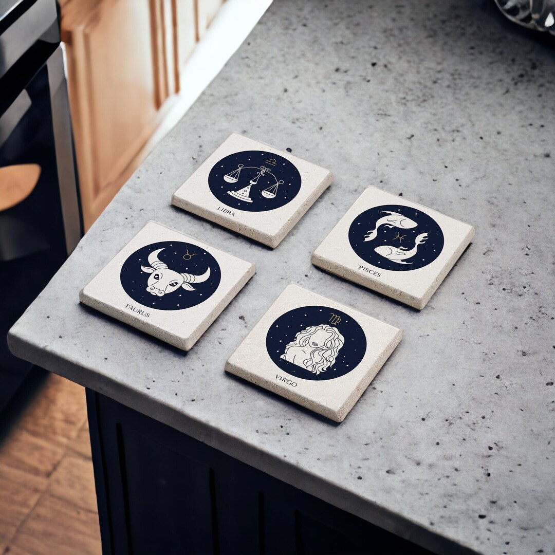 Personalized Zodiac Symbols Stone Coaster Set, Zodiac Wood Coaster ...