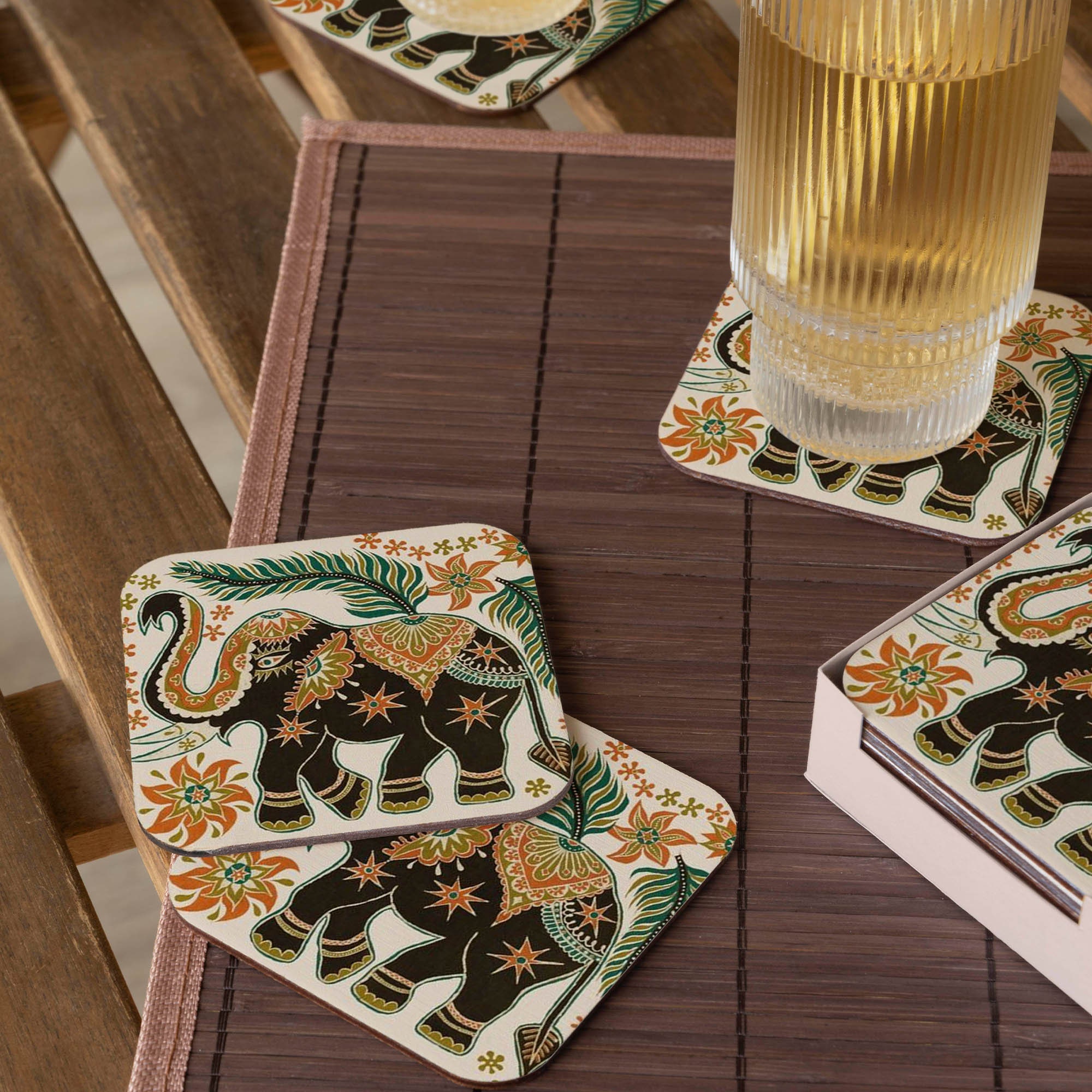Indian Elephant Stone Coasters Set, Elephant Art Wood Coasters Set ...