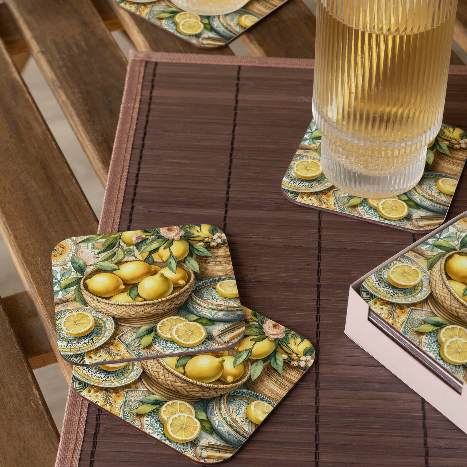 Lemon Blossom Stone Coasters, Watercolor Lemon Coaster Set ...