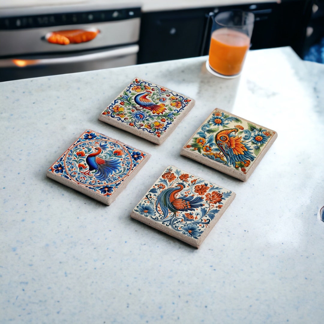 Blue Floral Tile Stone Coaster Set, Moroccan Tile Coasters, Ethnic Folk ...