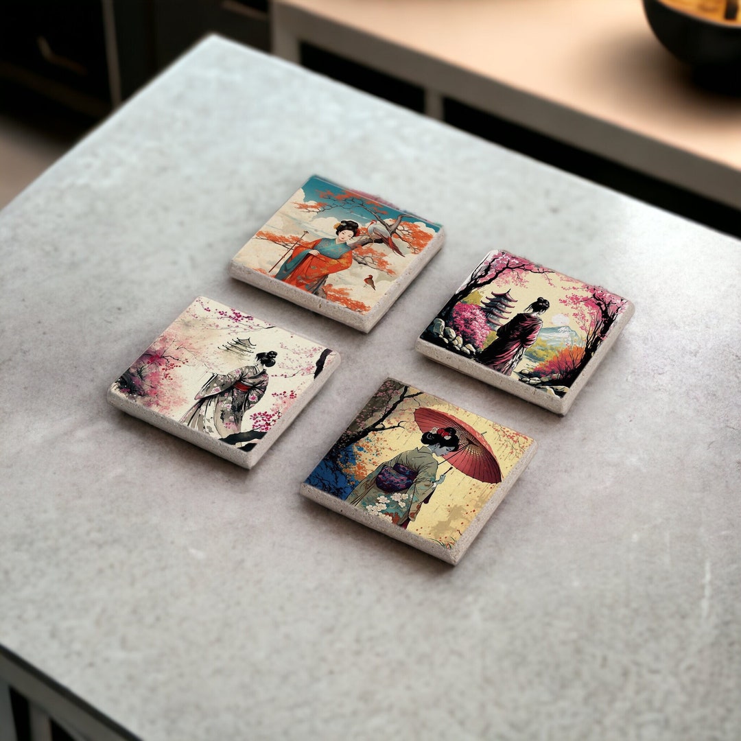 Japanese Woman Stone Coasters Set, Japanese Aesthetic Wood Coasters ...