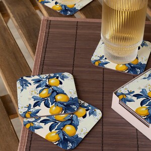 Lemon Blossom Stone Coasters, Watercolor Lemon Coaster Set, Lemon ...