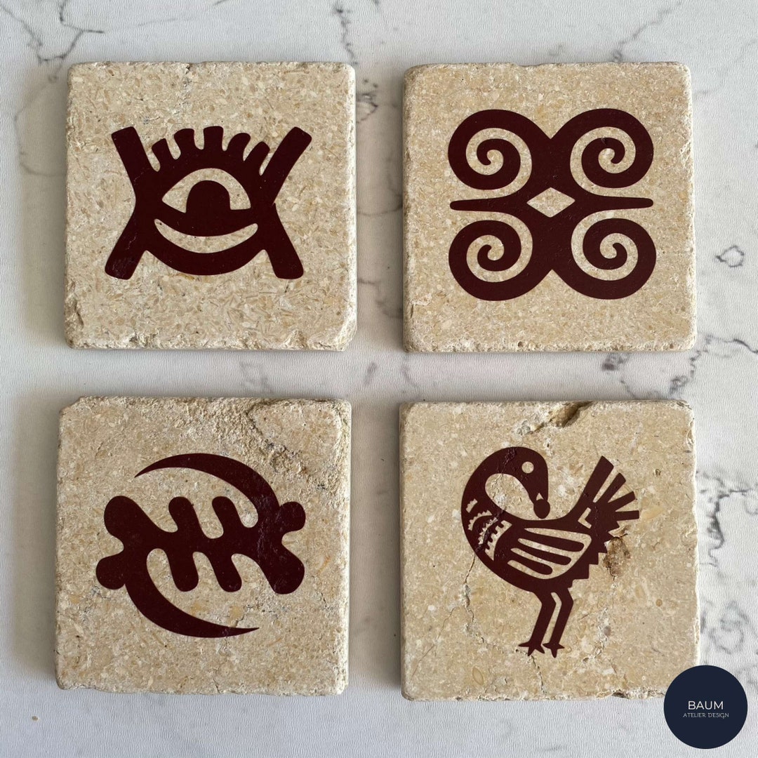 Adinkra Symbols Stone Coasters, Cork Backing Stone Coasters Set of 4 ...