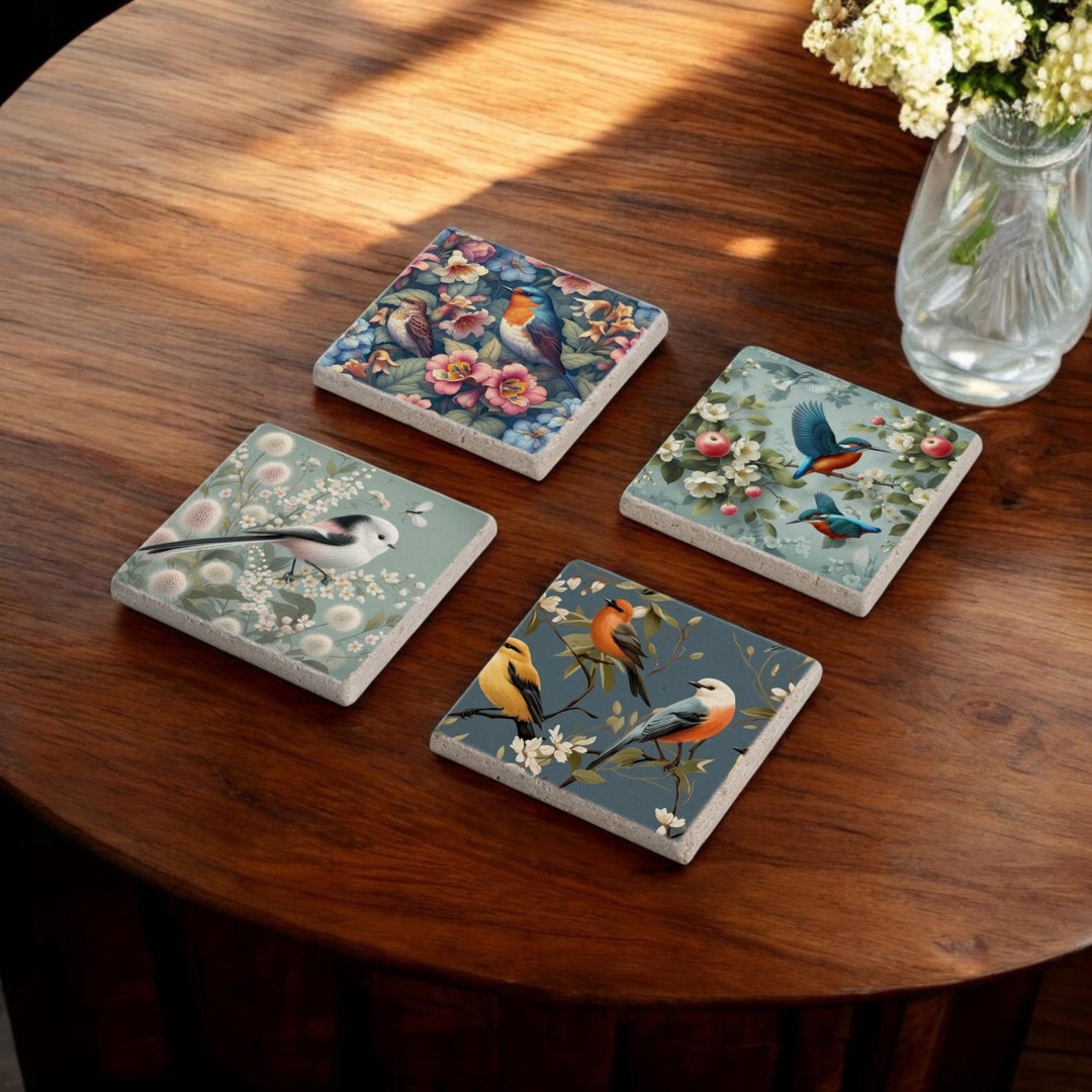 Birds With Flowers Stone Coasters, Birds Coaster Set, Flowers Coasters ...