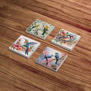 Birds With Flowers Stone Coasters, Birds Coaster Set, Cute Animal ...
