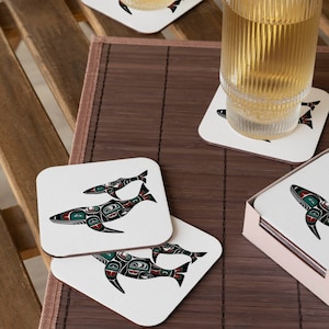 Salmon and Orcas Stone Coasters Set, Canadian Aboriginal Art Wood ...