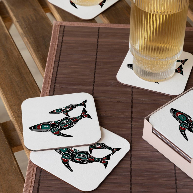 Salmon and Orcas Stone Coasters Set, Canadian Aboriginal Art Wood ...