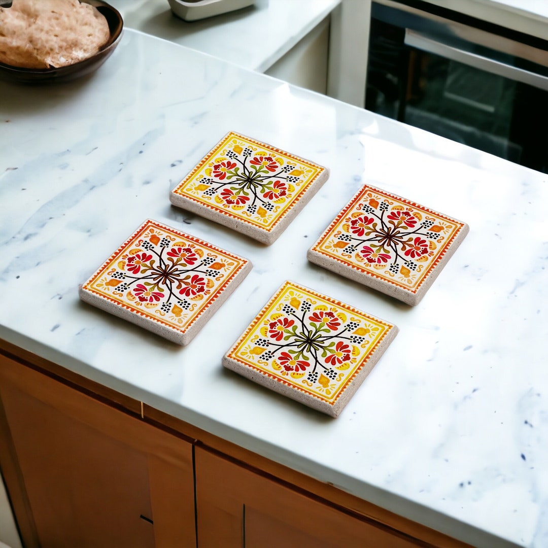 Yellow Tile Stone Coaster Set, Mexican Talavera Tile Wood Coasters ...