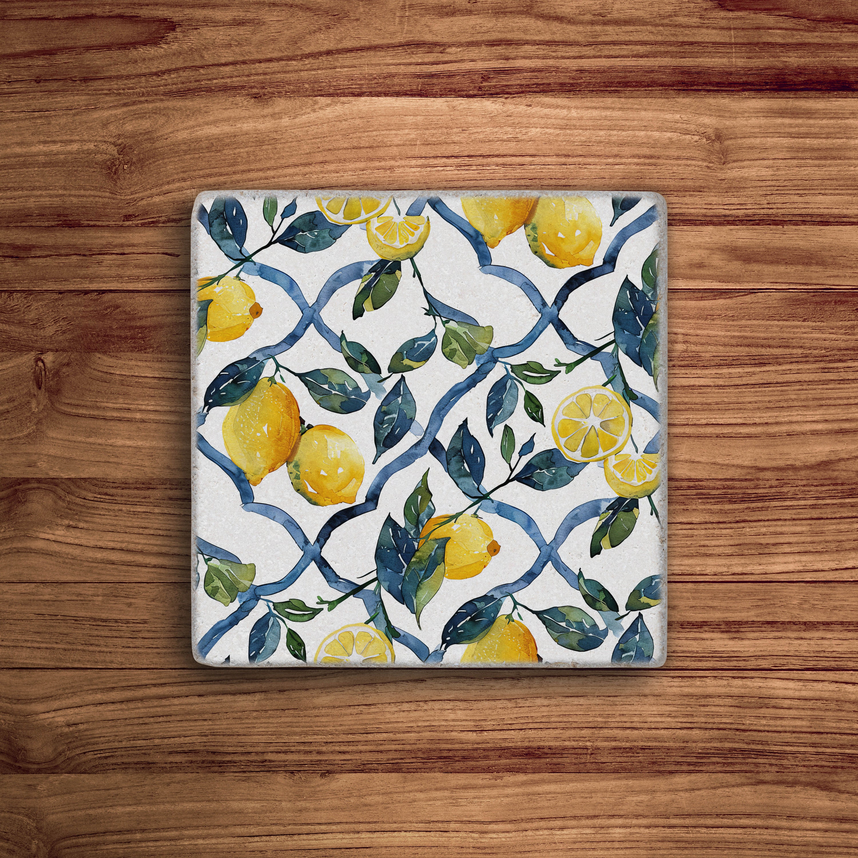 Mediterranean Lemon Tile, Watercolor Lemon Stone Coasters, Lemon ...