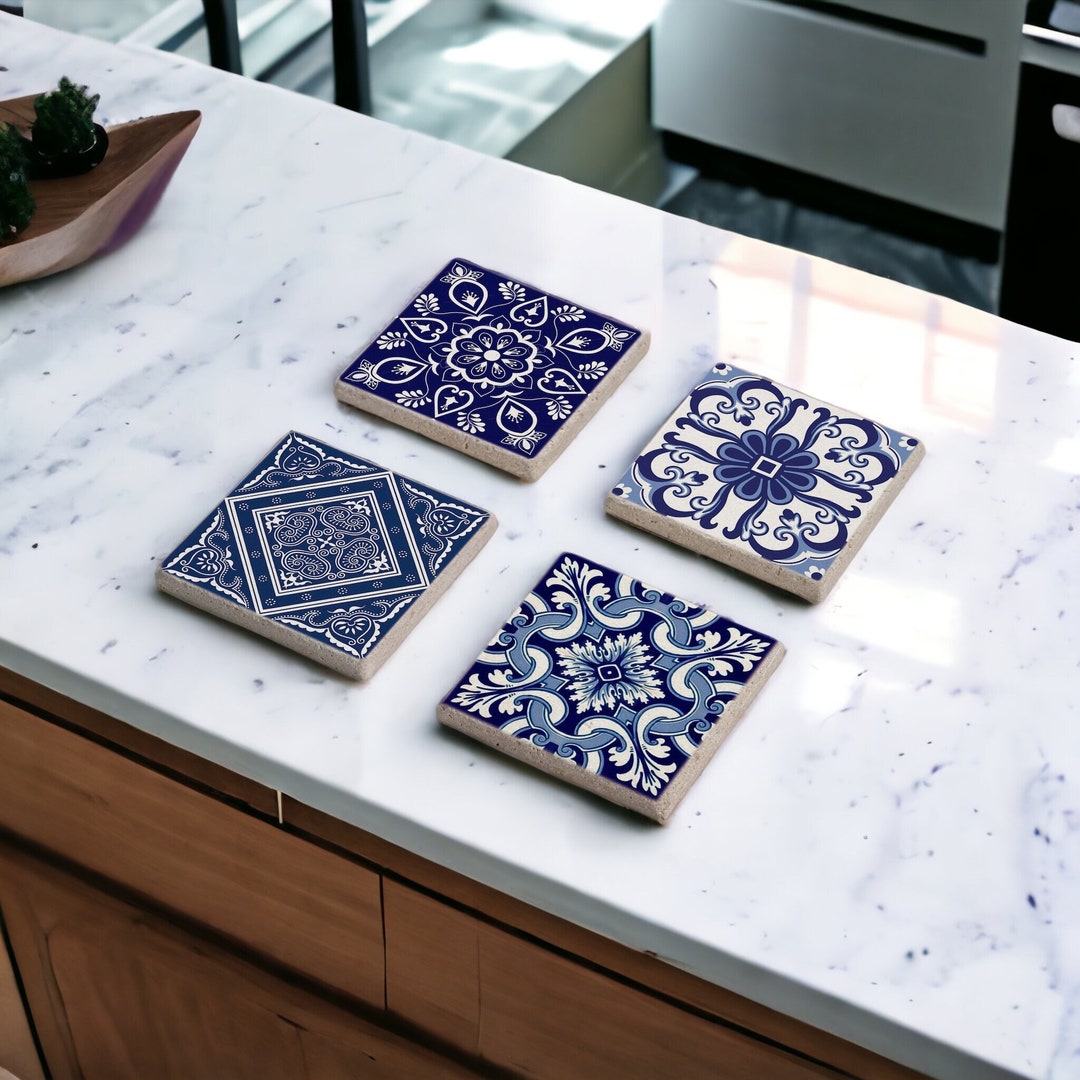 Blue Tile Stone Coaster Set, Mexican Talavera Tile Wood Coasters ...
